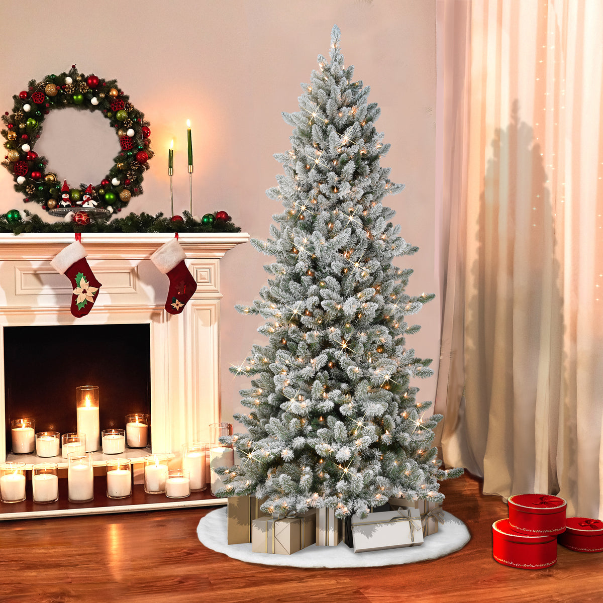 7.5 ft Pre-lit Slim Flocked Royal Majestic Spruce Artificial Christmas ...