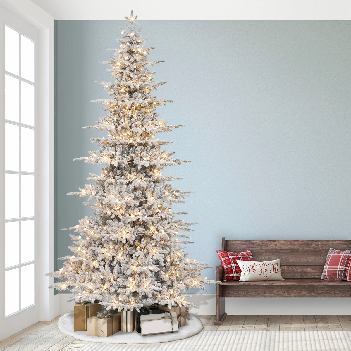 9 ft Pre-Lit Slim Flocked Artificial Utah Fir Tree – House of Holiday