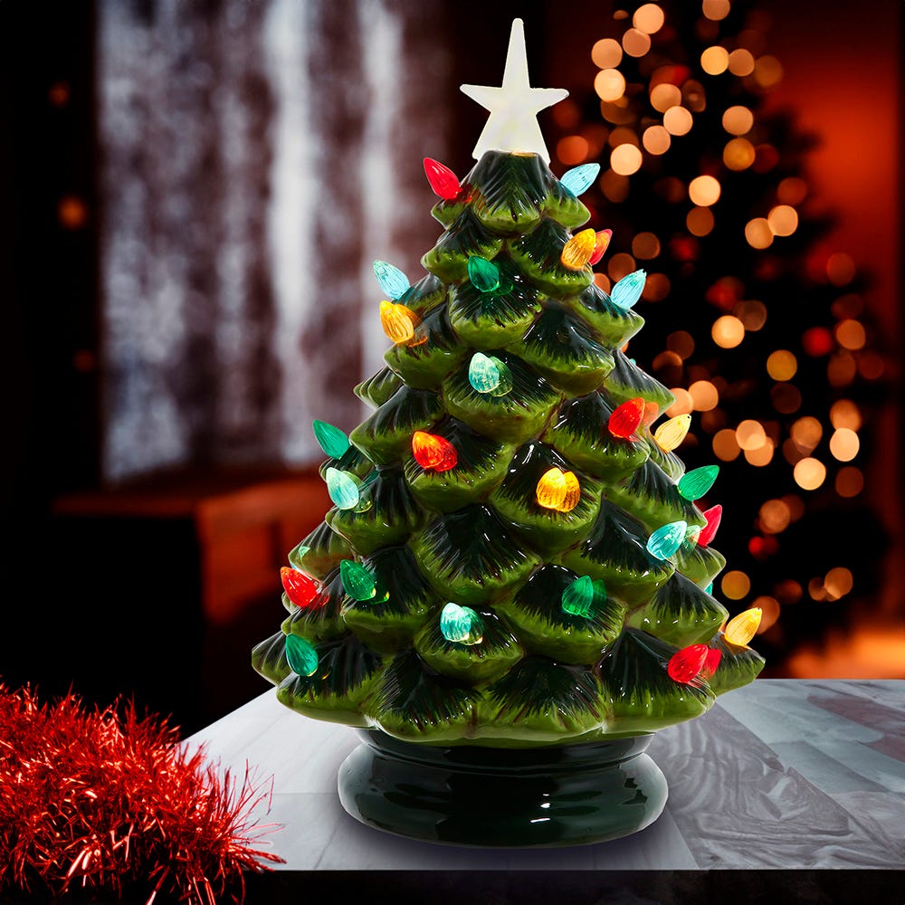 Kurt Adler 12-Inch Battery Operated LED Lighted Ceramic Green Tree ...