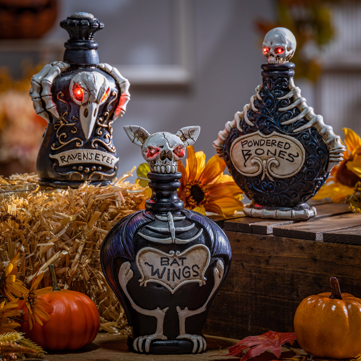 Set of 3 Battery Operated lighted resin Halloween potion bottles ...
